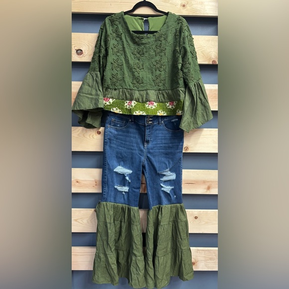 Jeans | Upcycled Green Embroidered Top And Distressed Jeans With Flared ...